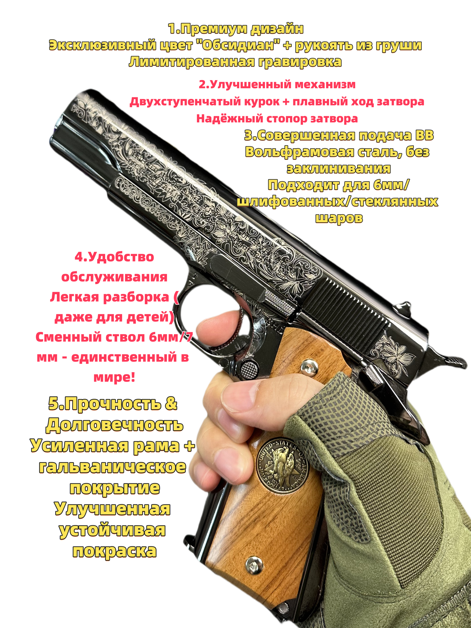 Colt M1911 Тактическая модель 6 мм (обсидиановое покрытие, гравировка с цветочным узором)