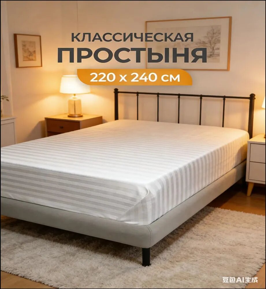 Простыня стандартная, Страйп сатин, Хлопок, 220x240 см