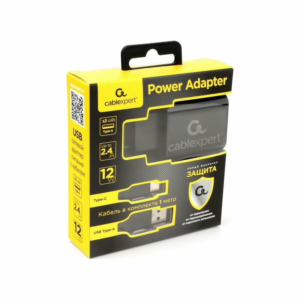 Адаптер питания Cablexpert USB 2 порта, 2.4A, черный + кабель 1м Type-C MP3A-PC-37 — фото 1