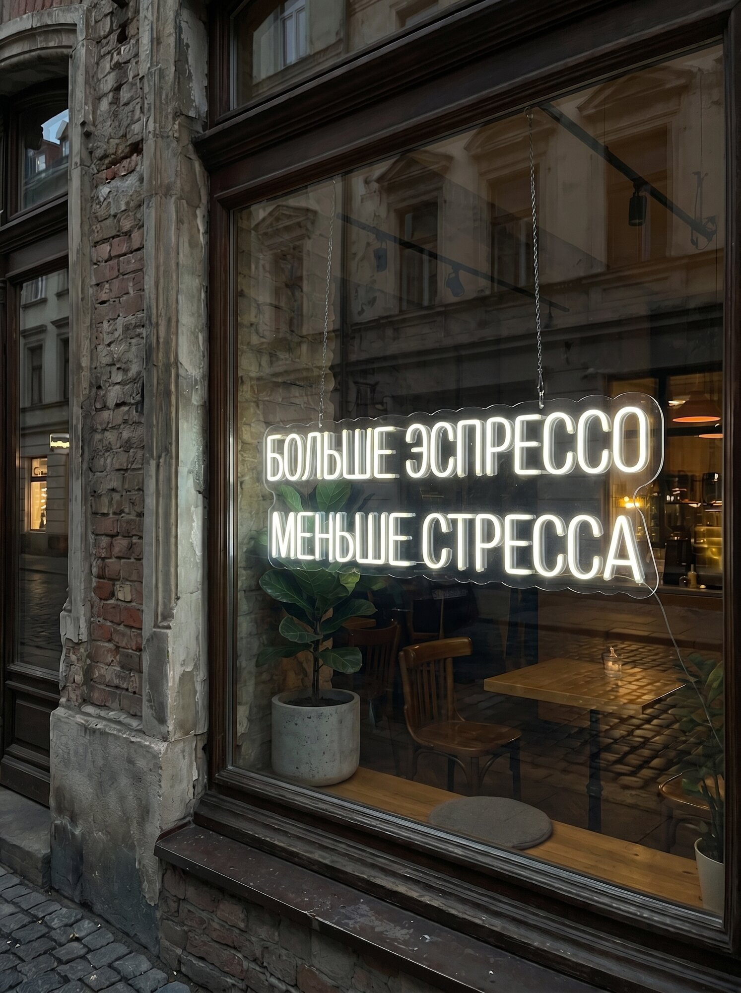 Неоновая вывеска "больше эспрессо меньше стресса" 90х30см, неоновая надпись, LED светильник для кофейни