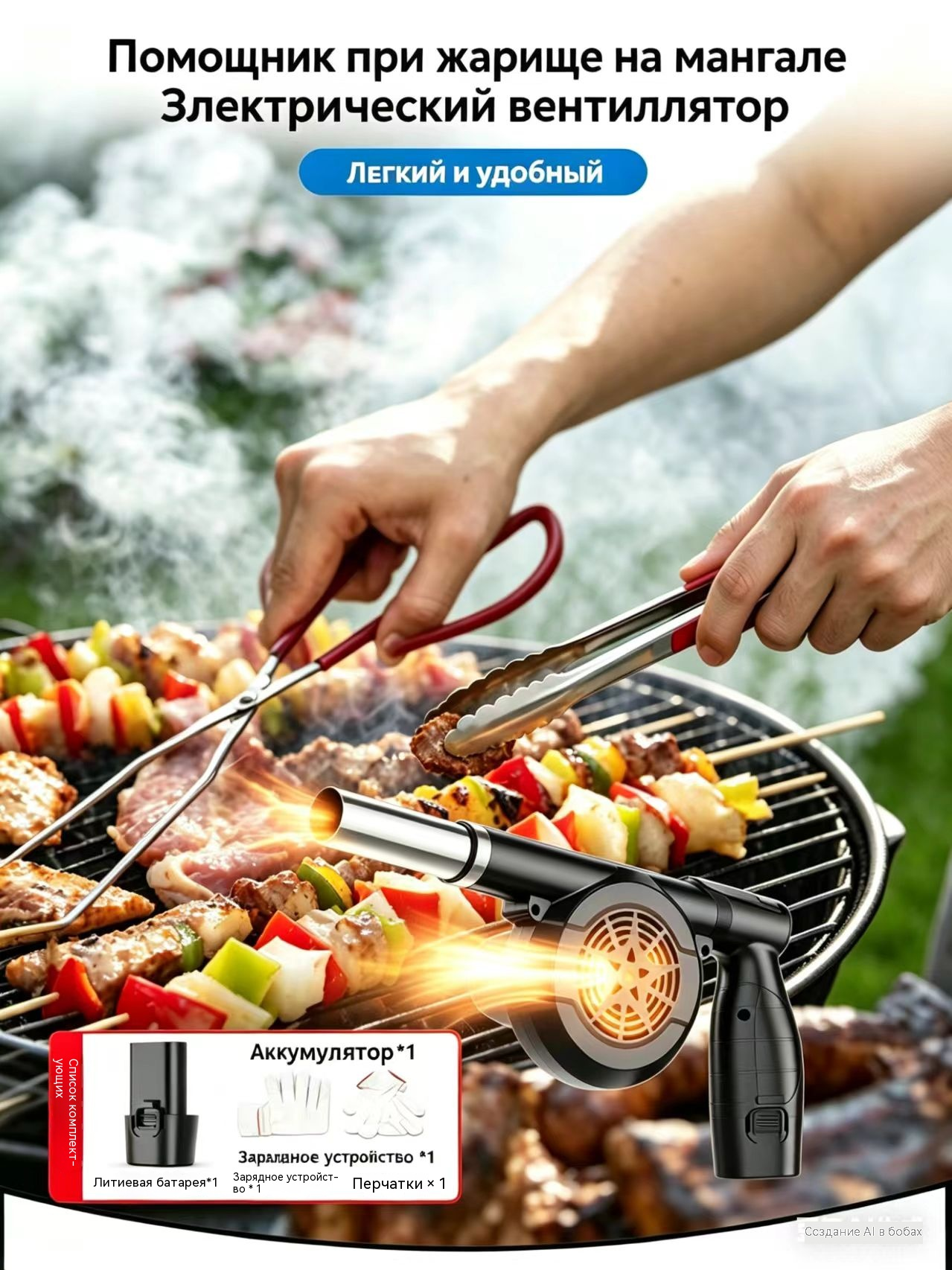 Фен для раздувания угля на мангале, аккумуляторный, пластик, цвет черный