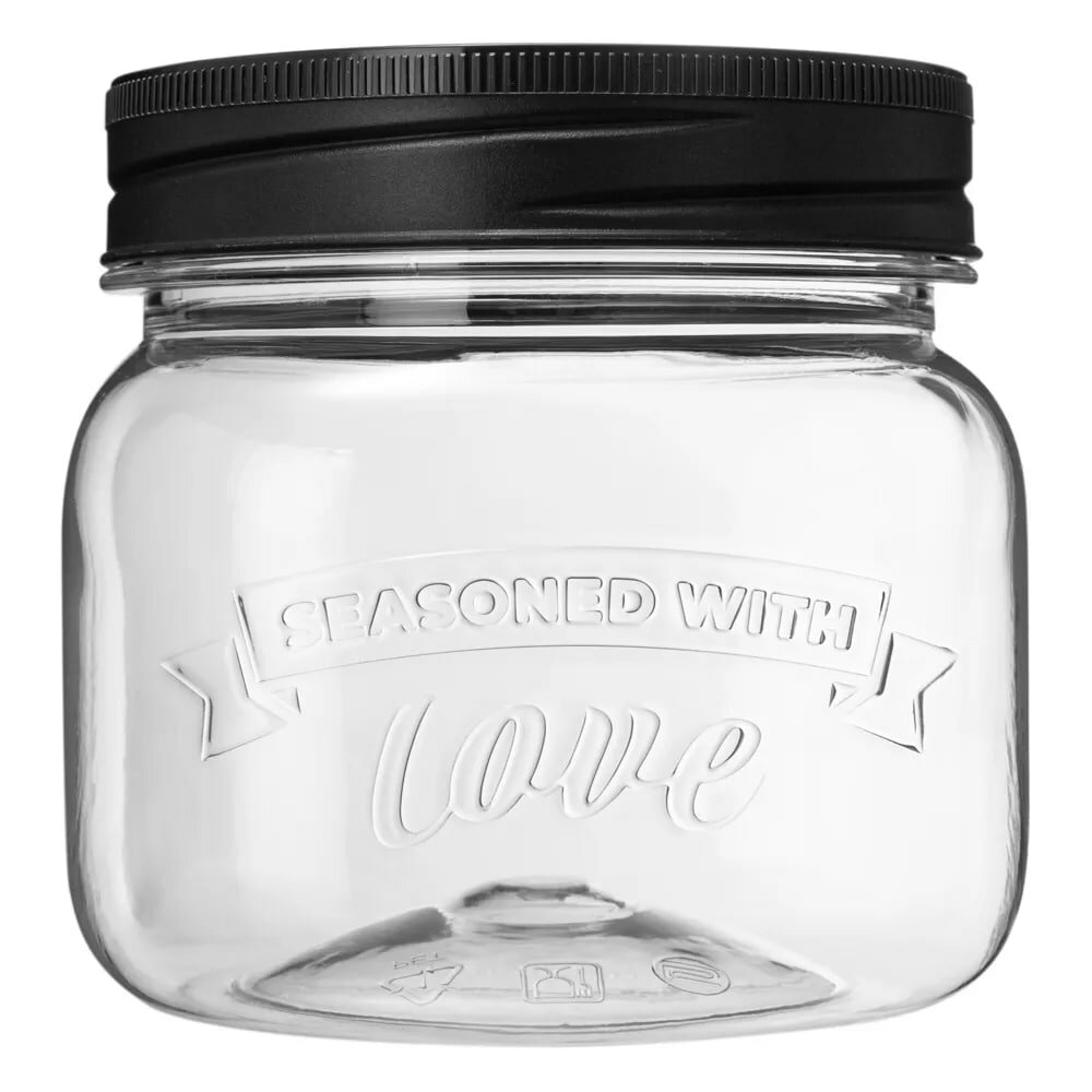 Банка для сыпучих продуктов 0.6 л квадратная, стекло с эмбоссингом "Love Kitchen", черная крышка, 100x100x95 мм