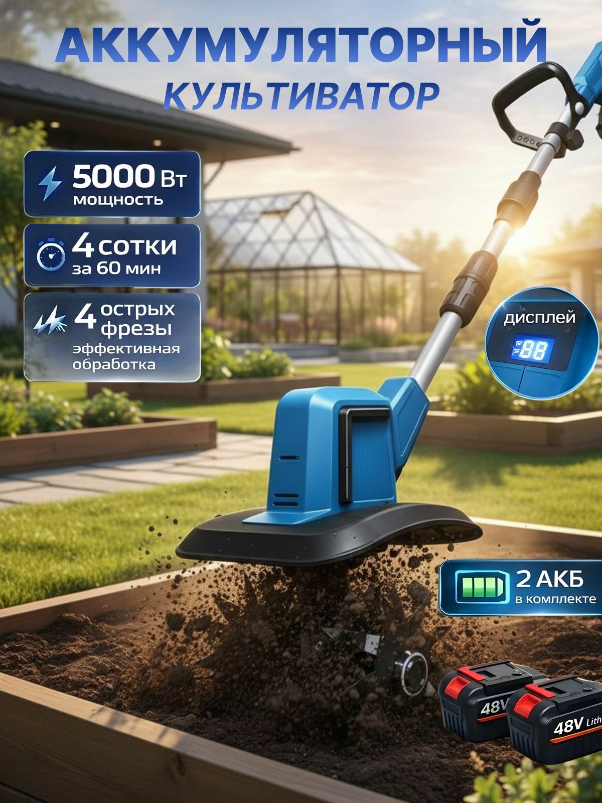 Культиватор аккумуляторный садовый, электротяпка 5000 Вт, 2 АКБ, ручной мини-культиватор для дачи и огорода
