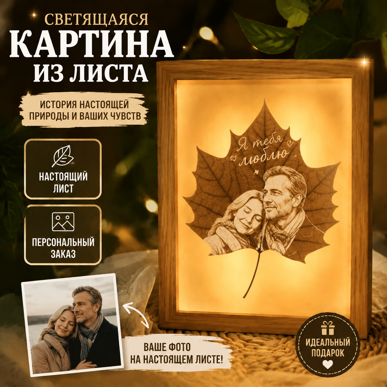 Картина по фото, Картина на заказ, на листе платана, подарочная упаковка в комплекте