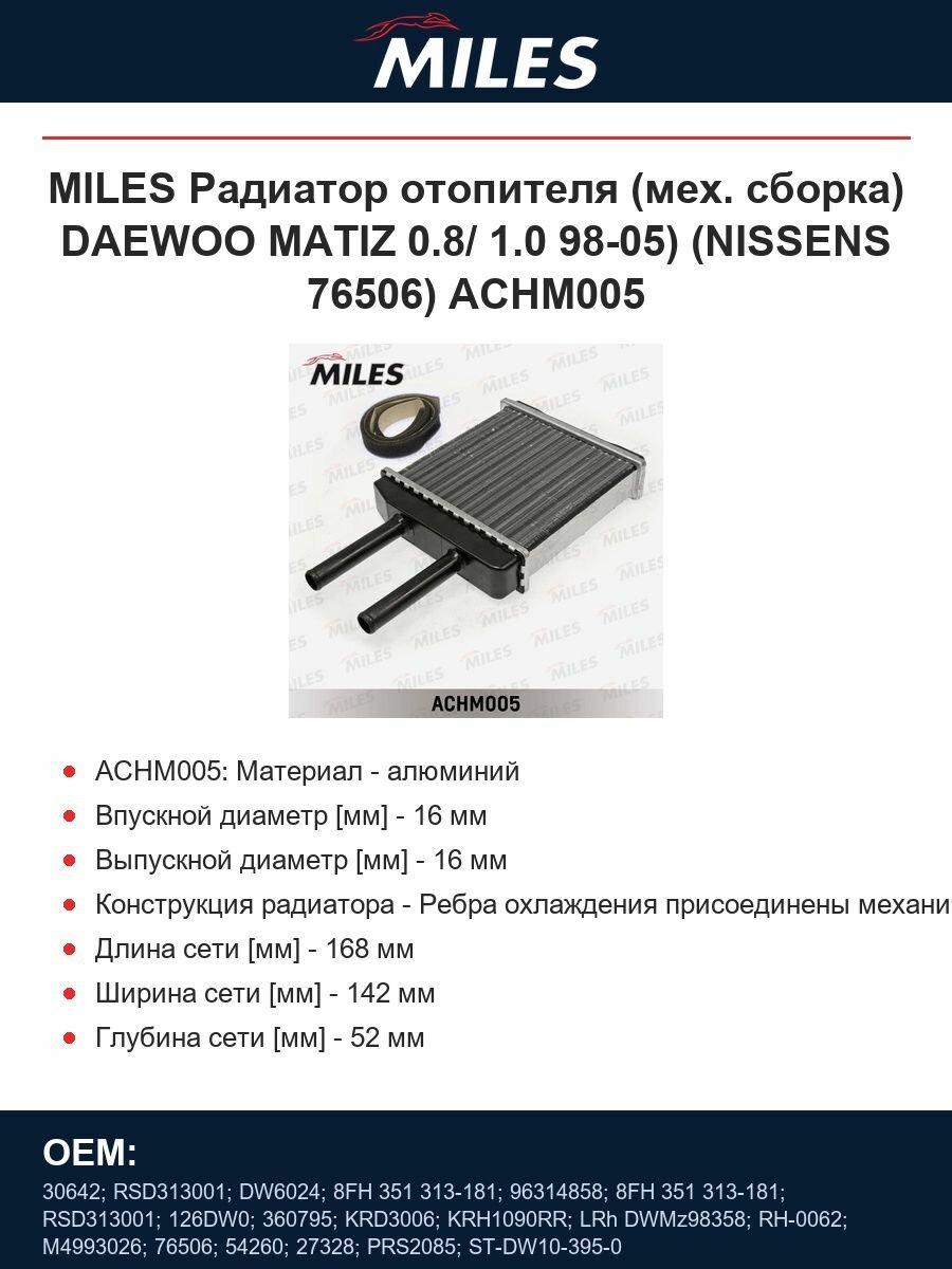 MILES Радиатор отопителя (мех. сборка) DAEWOO MATIZ 0.8/ 1.0 98-05) (NISSENS 76506) ACHM005