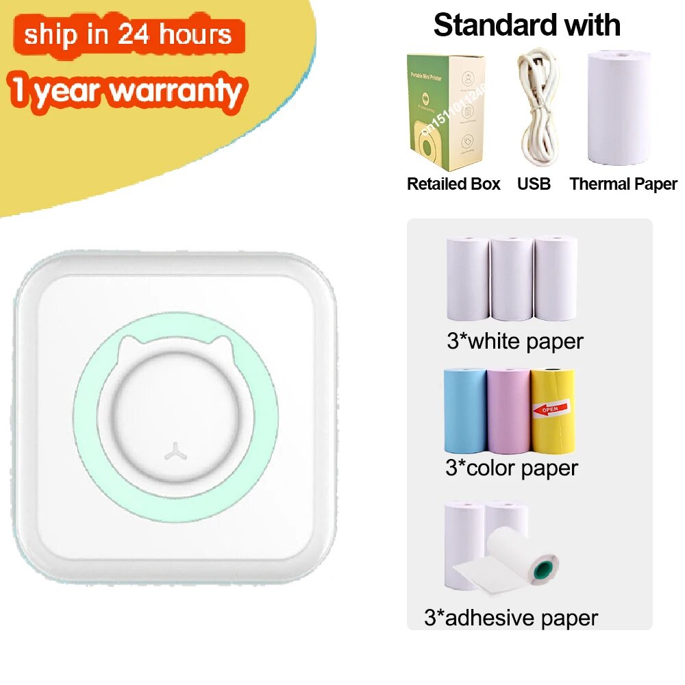 KGG Портативный Термопринтер Bluetooth 203 dpi Белый, add extra 9 paper3