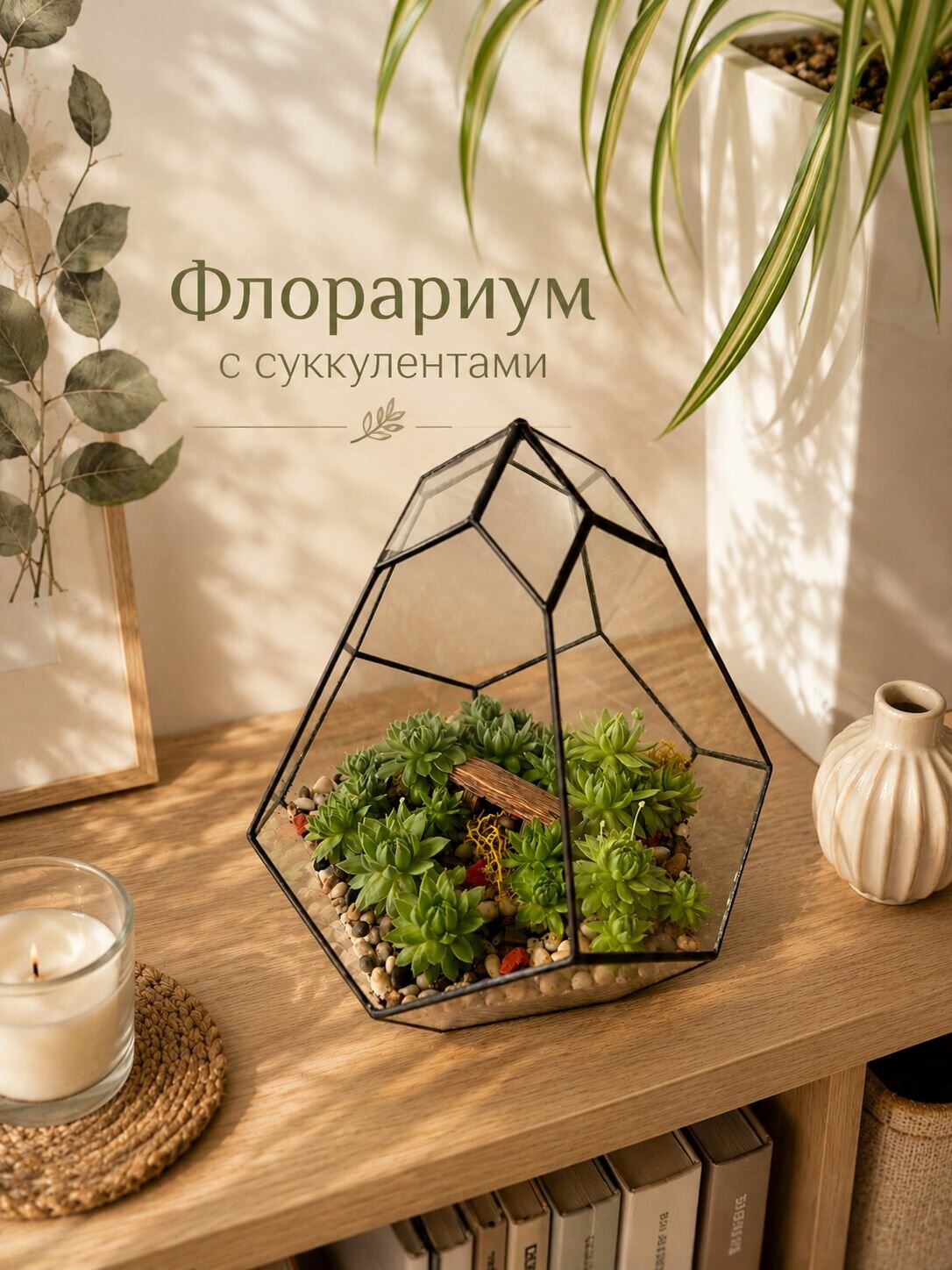 Большой флорариум с суккулентами Молодило, высота композиции 23 см "Бутон"