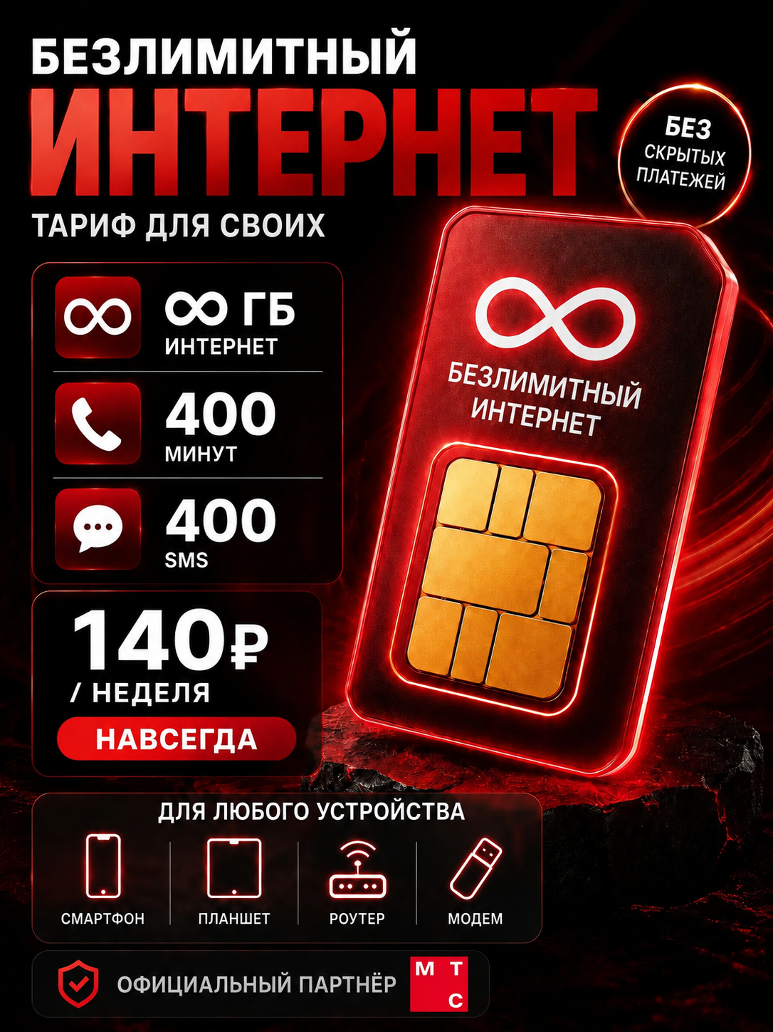 Сим карта МТС с безлимитным интернетом, раздача интернета 140 р./нед 400мин (вся Россия)