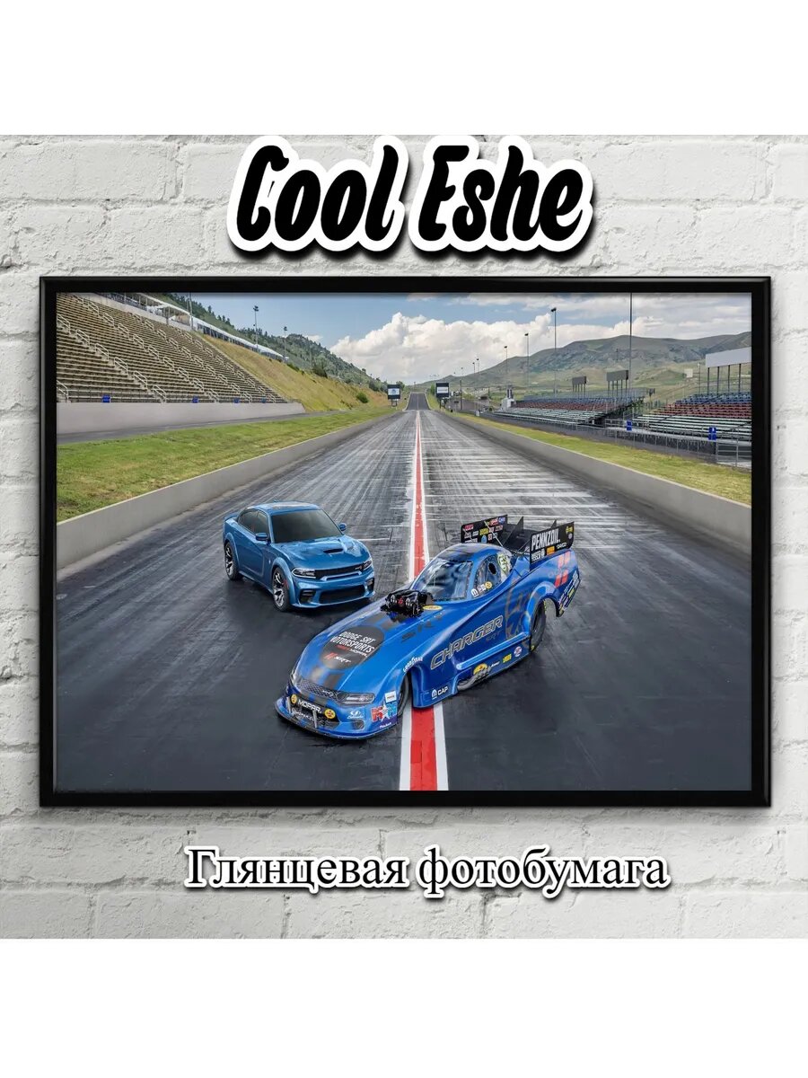 Плакат "Два синих Dodge Challenger на гоночной трассе" А4