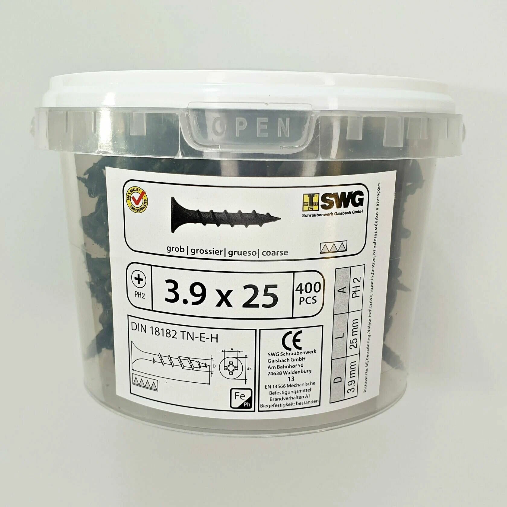 Саморез по гипсокартону DIN 18182 Тип TN-E-H (без бура) 3.9x25 (400 pcs) SWG, Германия