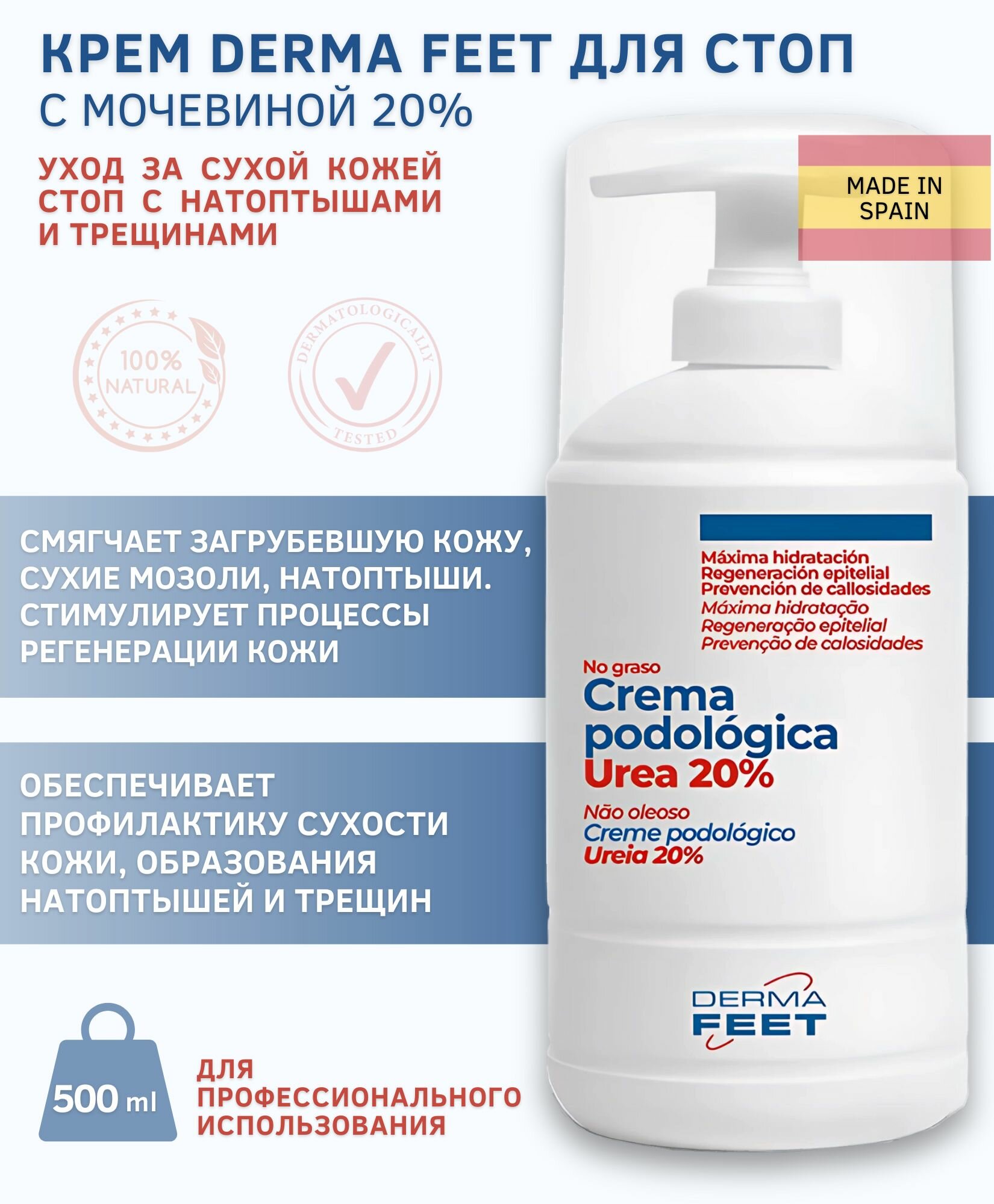 Крем DermaFeet для кожи стоп с мочевиной 20%, уход за грубой кожей с натоптышами и трещинами, объем 480 мл (Испания)