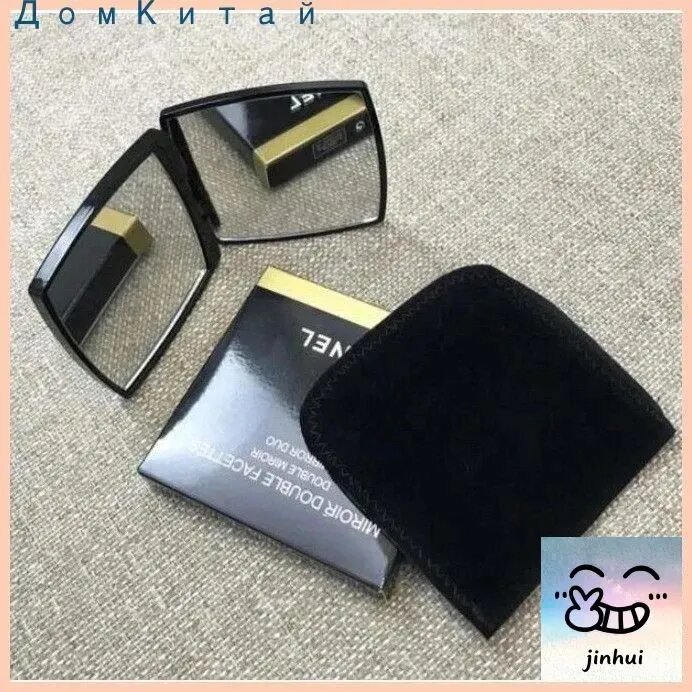 Зеркало карманное Chanel, 1 шт, Черный матовый, с увеличением — фото 1