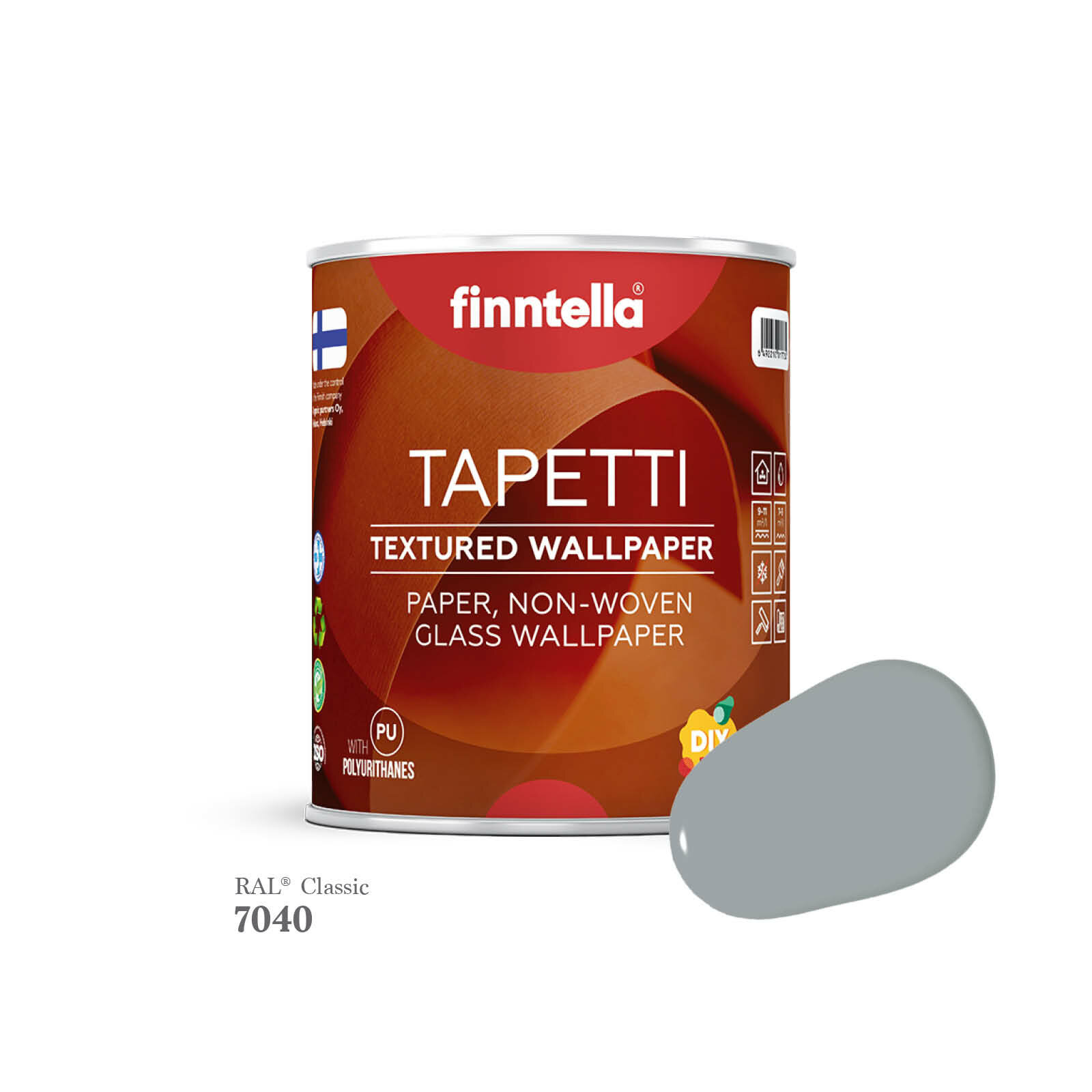 Шелковисто-матовая краска для обоев под окраску TAPETTI SILKKI Matta FINNTELLA, Цвет RAL 7040 Серое окно (Window grey), 0,9л