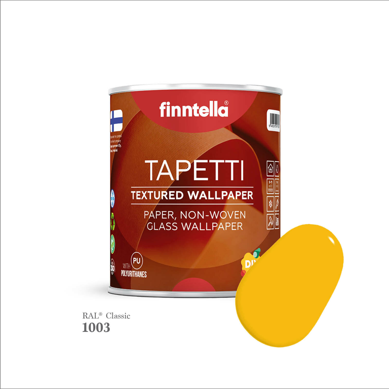 Шелковисто-матовая краска для обоев под окраску TAPETTI SILKKI Matta FINNTELLA, Цвет RAL 1003 Сигнальный желтый (Signal yellow), 0,9л