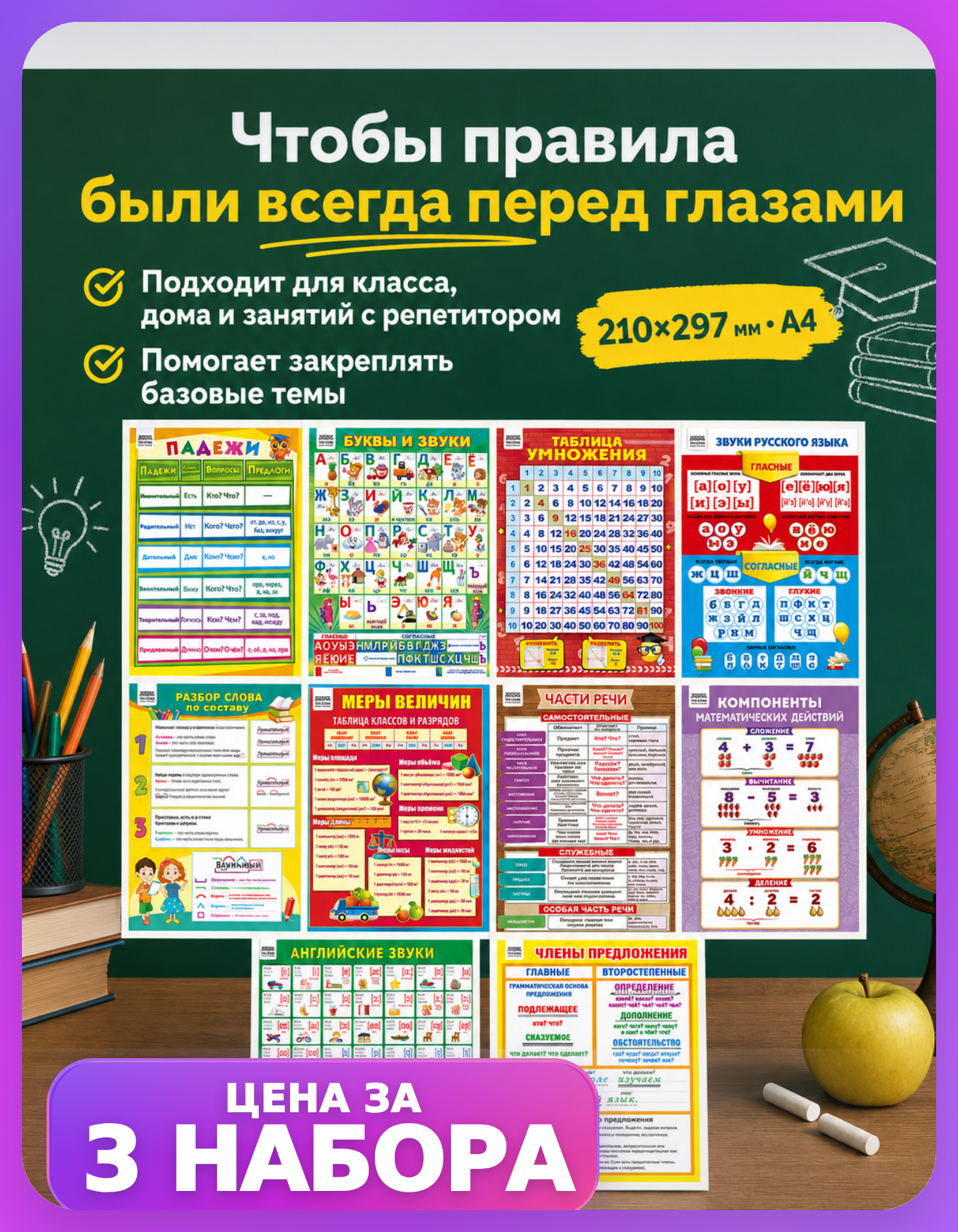 Наглядные пособия ТРИ совы для школы, 3 набора А4