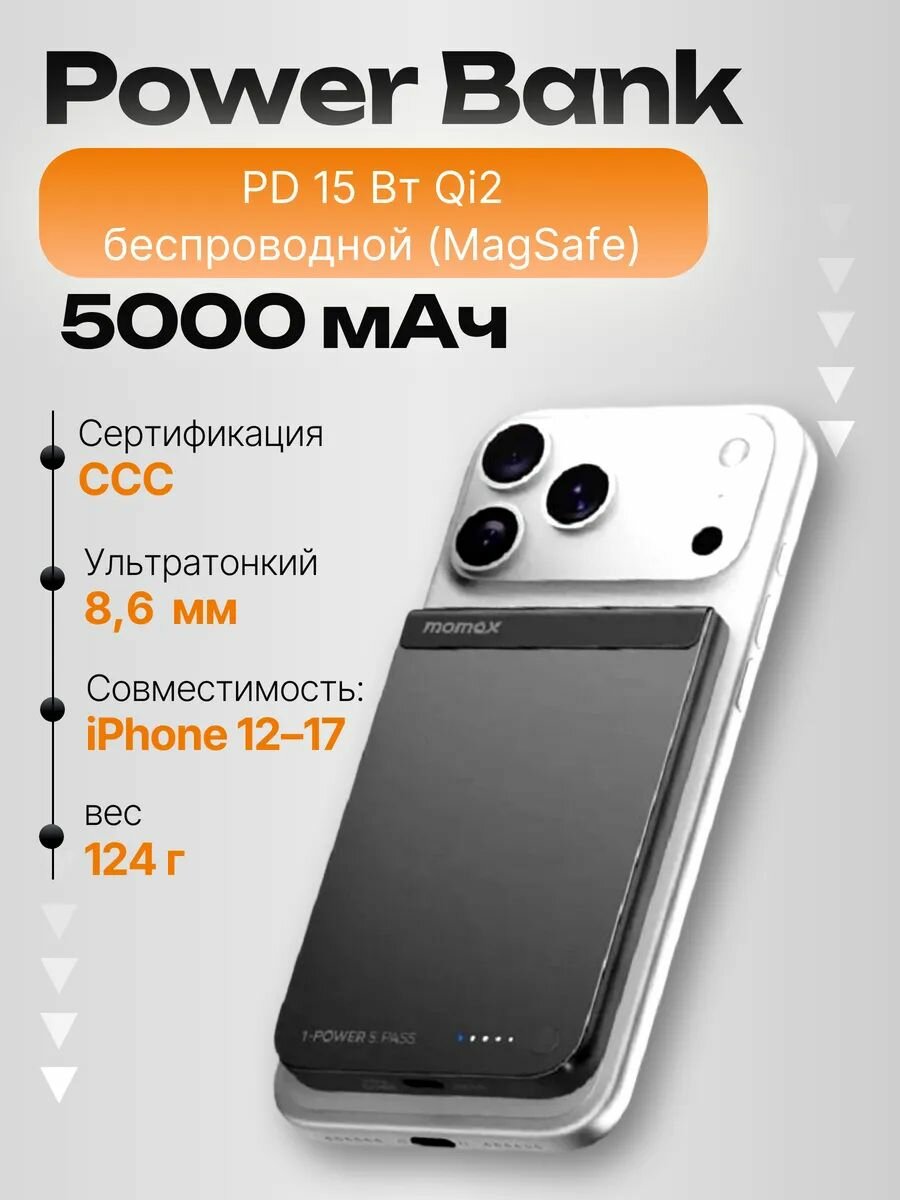 Внешний аккумулятор Momax, магнитный, беспроводная зарядка, 5000 мА·ч, чёрный
