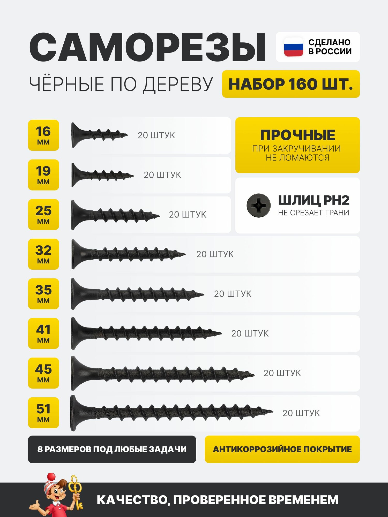 Набор саморезов по дереву черный 160шт, 16,19,25,32,35,41,45,51 разные размеры крепеж для дерева