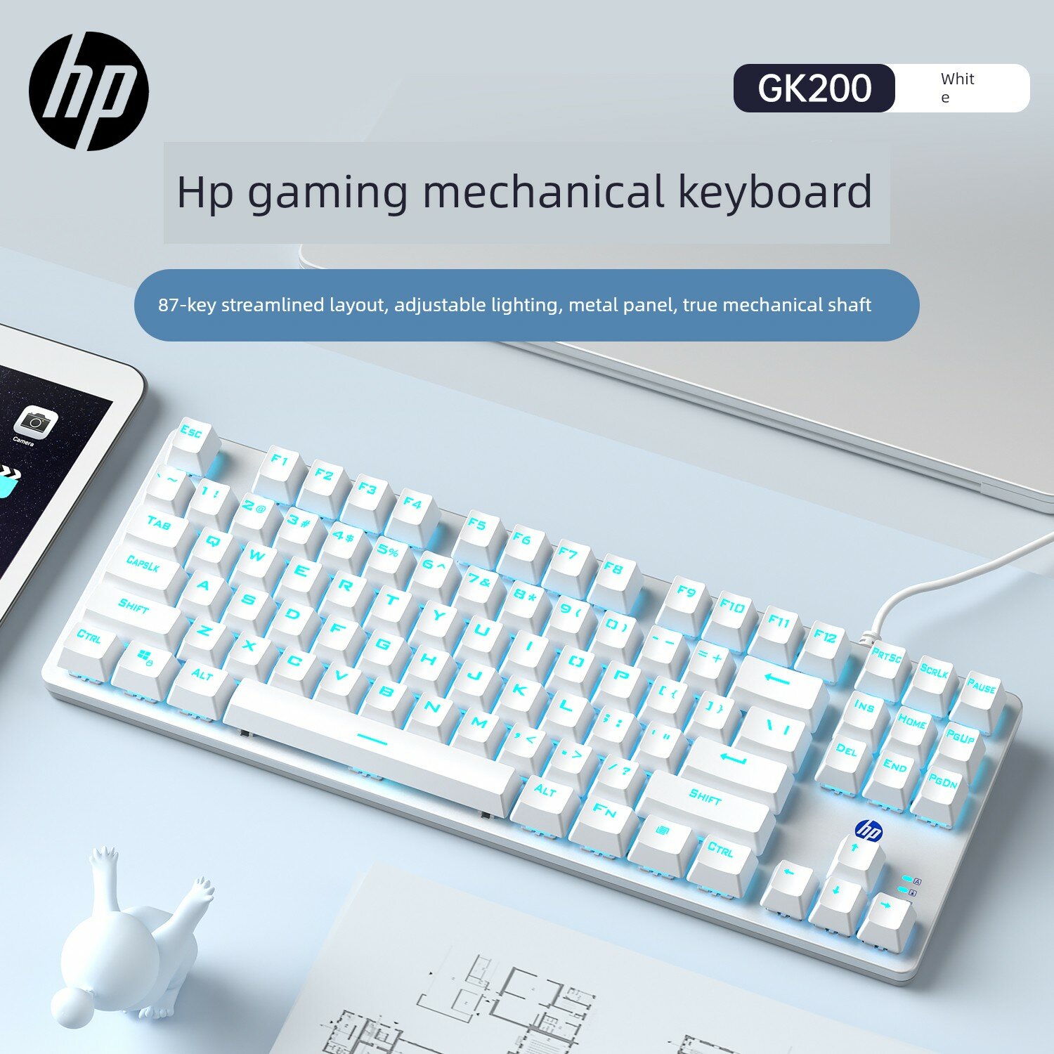 Механическая клавиатура с переключателями Cherry MX Blue, 87 клавиш, серебристая, проводная для игр и офиса