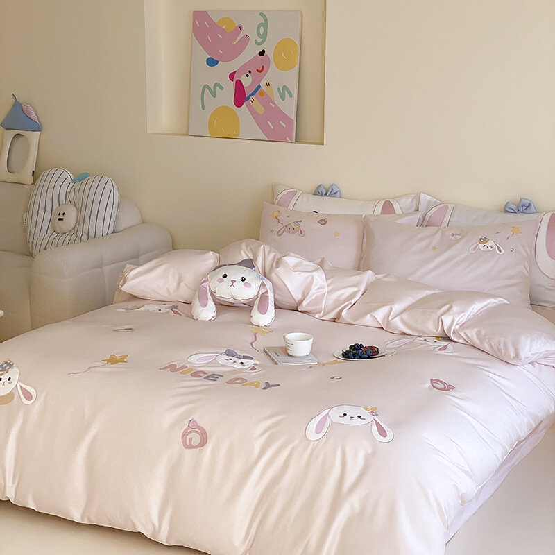 Набор постельного белья с рисунком 'Конфетный кролик', розовый, 2.0 м, 4-компонентный для кровати размера King