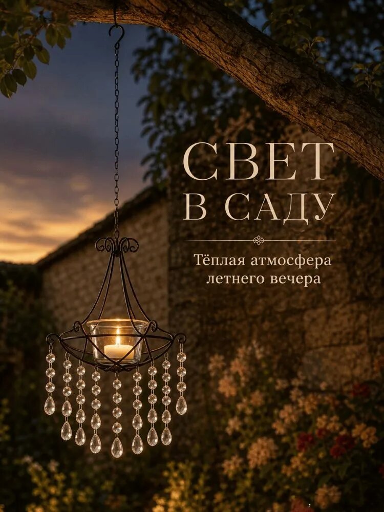 Подвесной кованый подсвечник с хрустальными подвесками для сада и ужина — фото 1