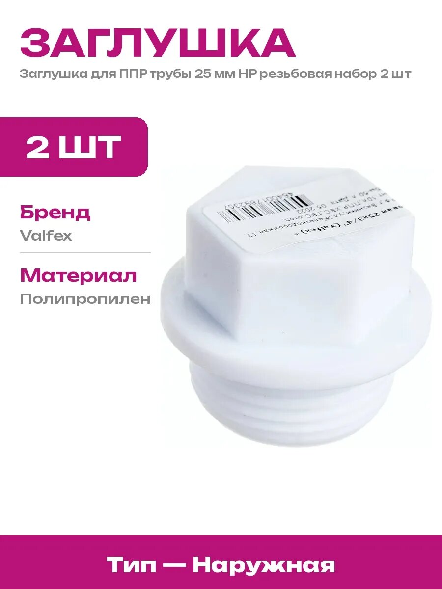 Заглушка полипропиленовая 25 мм НР для труб 2 шт белая