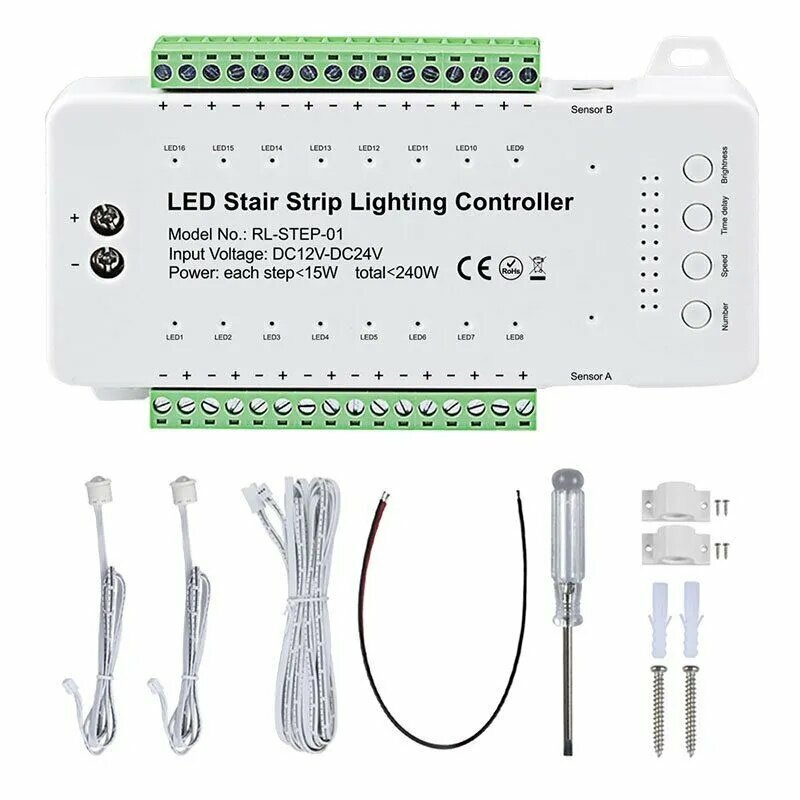 16 ступеней Led Stair Light Контроллер лестницы, с 2 датчиками движения PIR, для гибкой светодиодной ленты COB