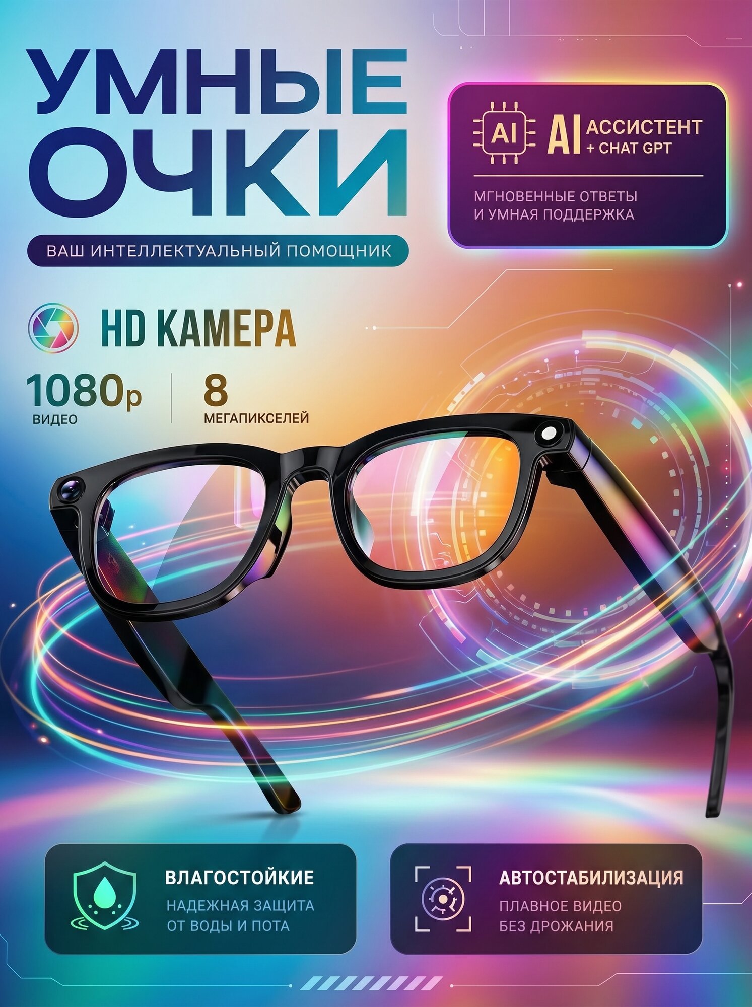 Умные очки с камерой, микрофоном с голосовым помощником AI SMART GLASSES, беспроводная связь, время работы от 8 часов