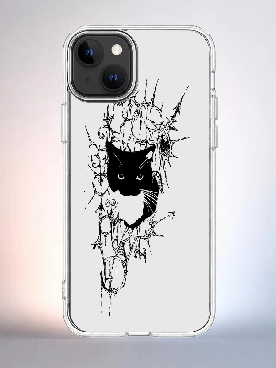 Чехол iPhone 13 кот в шипах силиконовый прозрачный