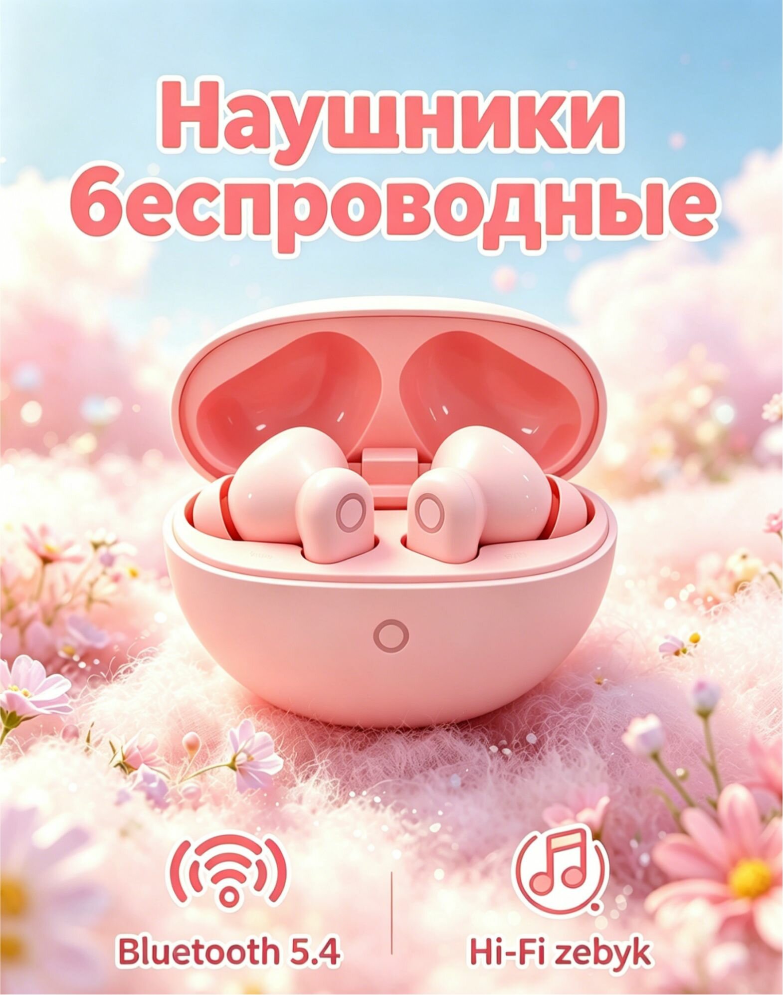 Премиум качество Наушники беспроводные с микрофоном, Bluetooth, USB Type-C, светло-розовый
