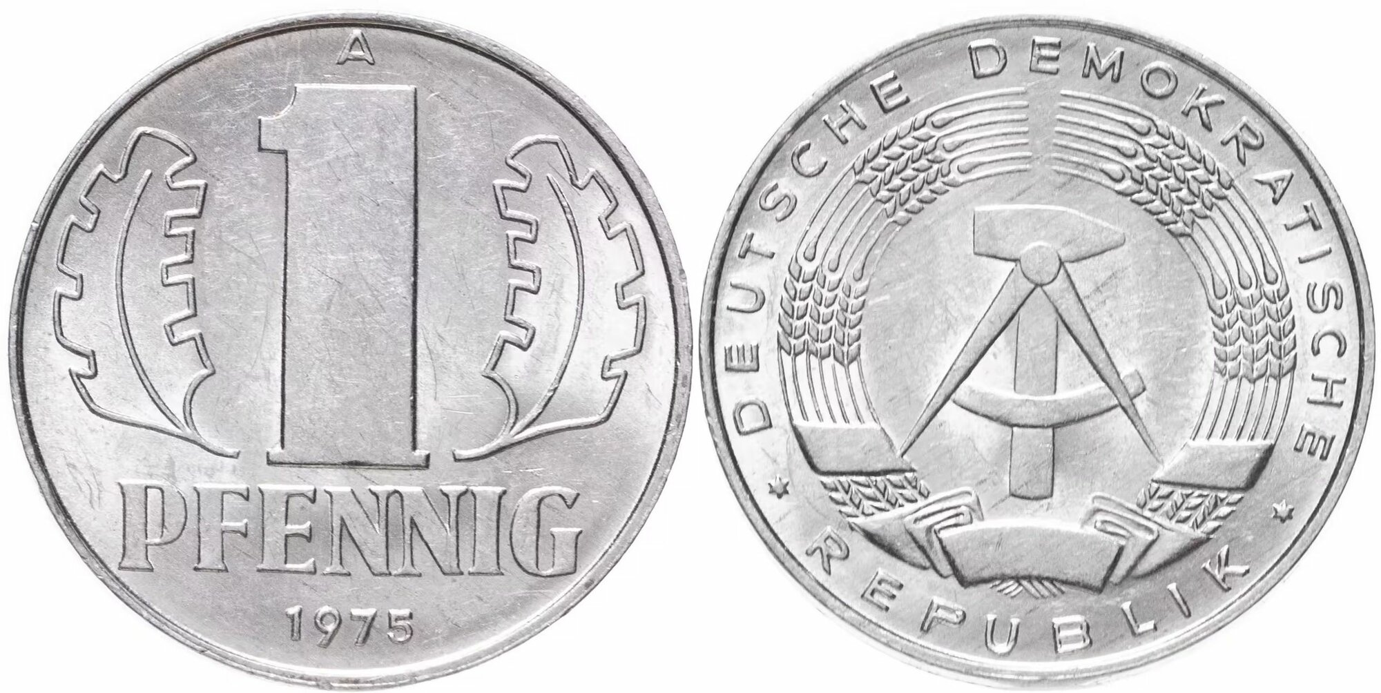 Германия - ГДР 1 пфенниг, 1975 Герб XF