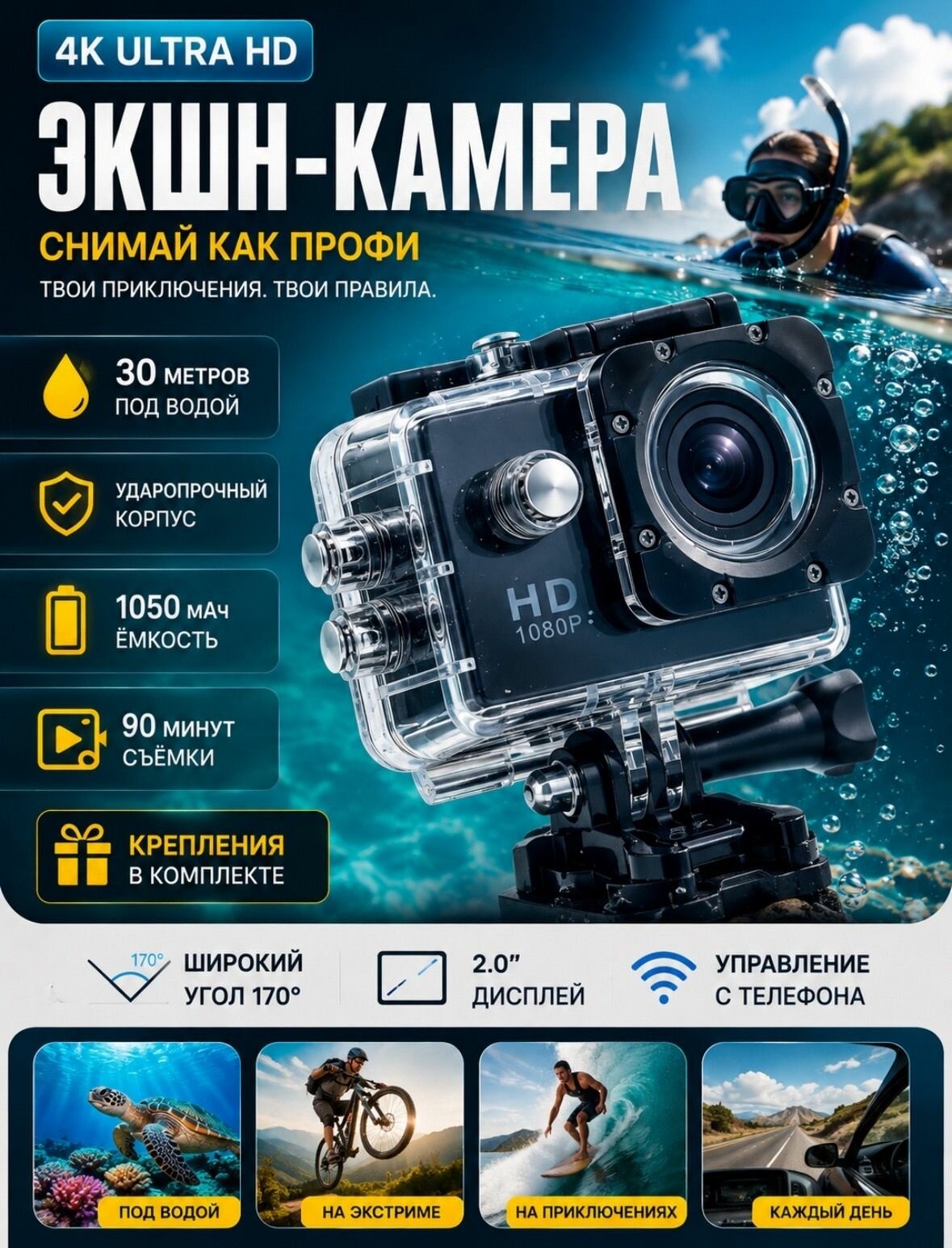 Экшн-камера 4K водонепроницаемая с креплениями и защитным кейсом, для съёмки видео и фото