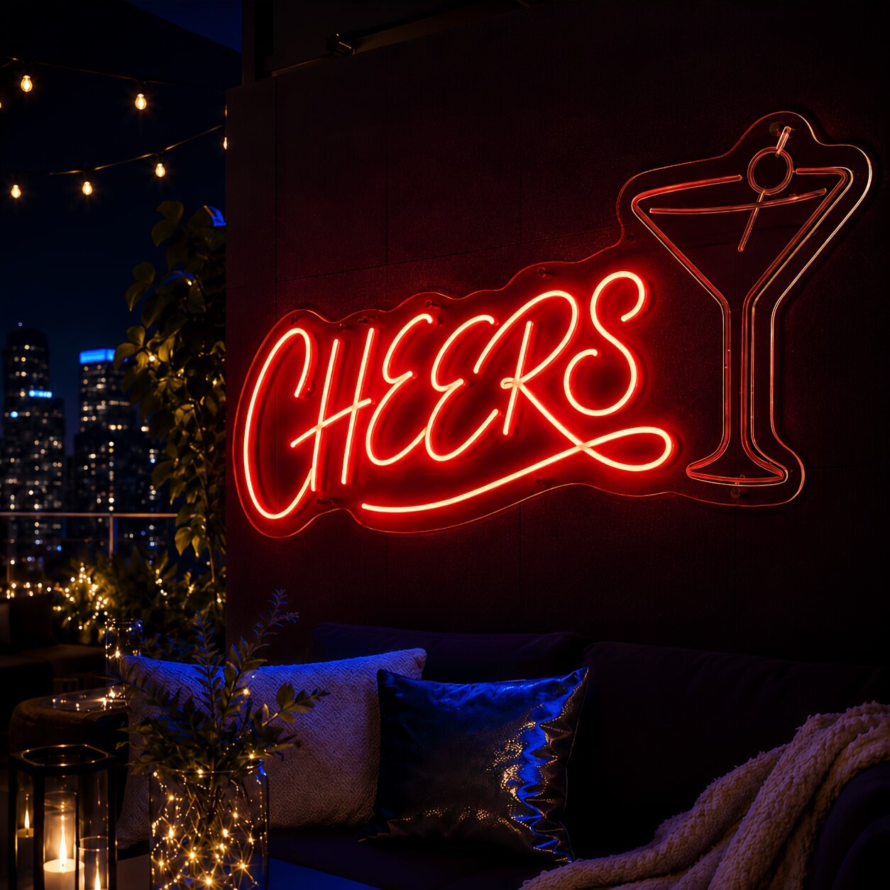 Неоновая вывеска в форме бокала для мартини с надписью «CHEERS», на акриловой панели, питание от USB, настенная, красный, 8 дюймов (4 буквы), для бара и вечеринок