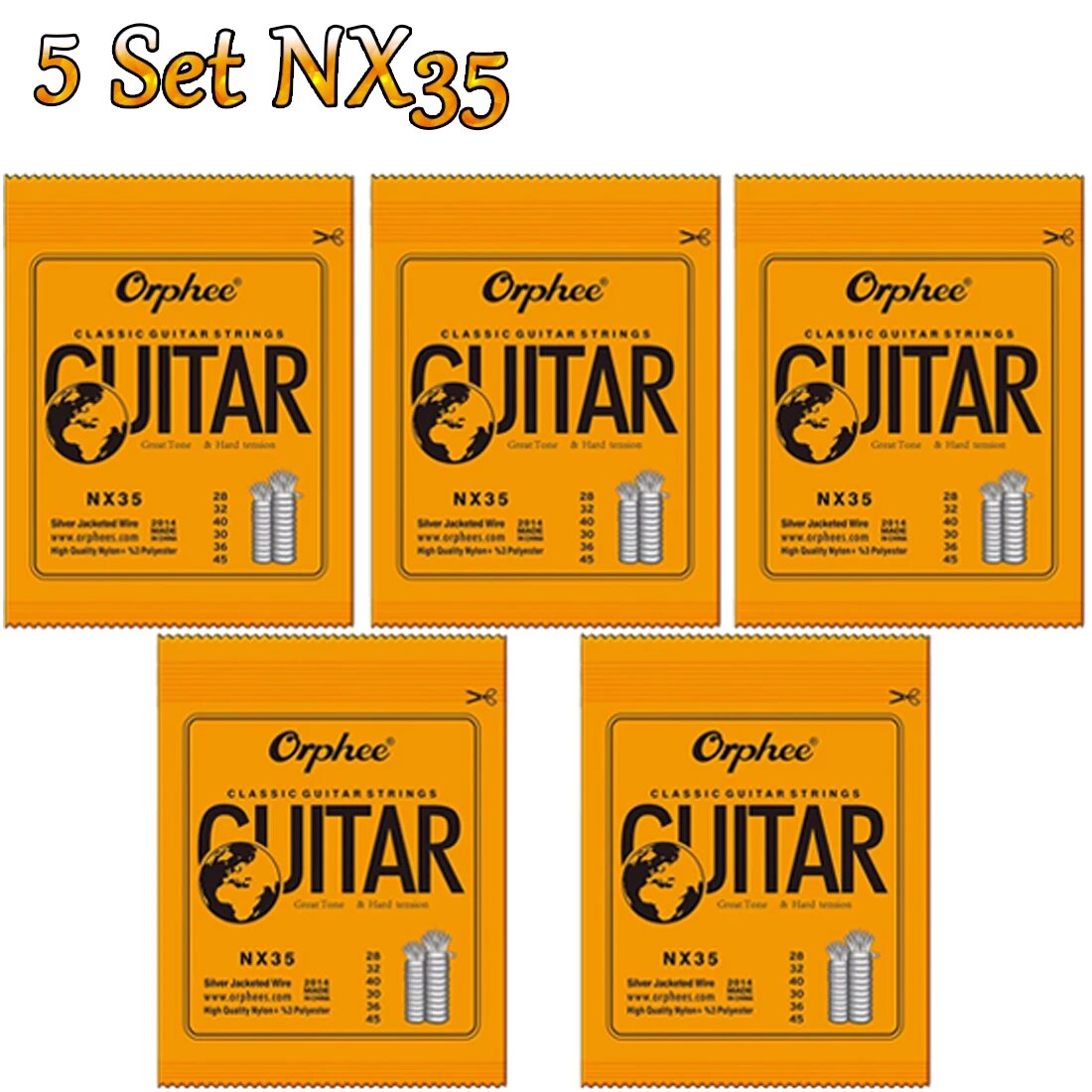 Струны для классической гитары Orphee NX, нейлоновые, серебро Оранжевый, 5 Set NX35