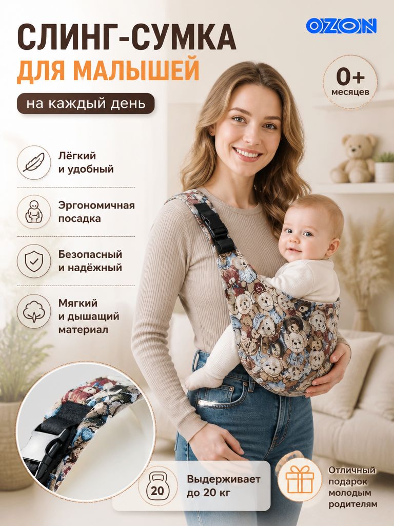 Слинг для детей, универсальный, для новорожденных и детей до 3 лет, с регулируемым ремнем, для прогулок и дома Медведь