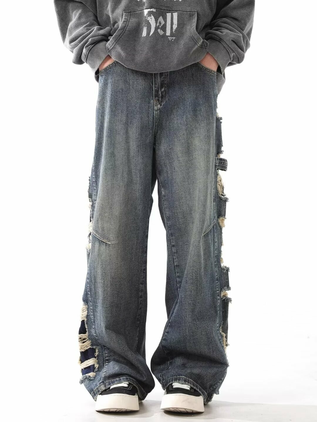 Тренд RONG CH Джинсы Мужские Рваные Кросс-Бордер Стильные Винтажные Свободные Деним, Размер_3XL