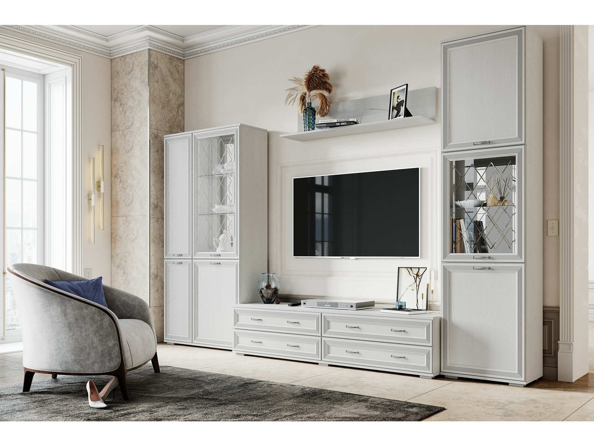 Модульная гостиная, набор 1, Ясень анкор светлый/Патина серебро