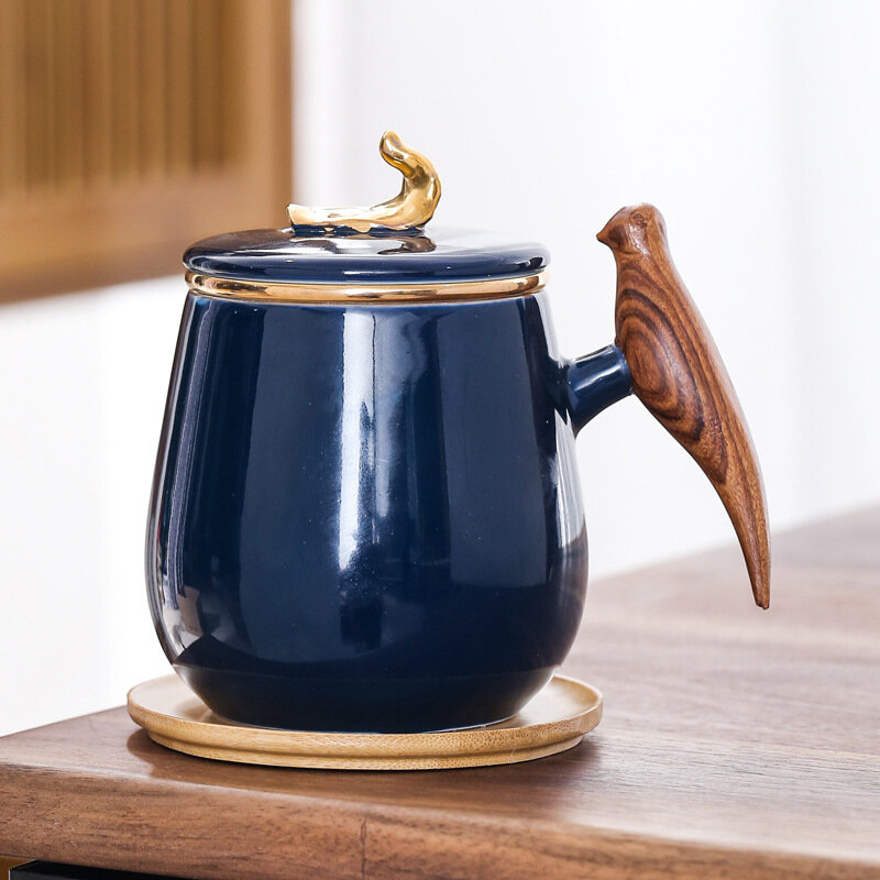 Позолоченная серебряная кружка, чайный набор, чашка для разделения чая и воды, вкладыш, фильтр, крышка, офисная кружка с деревянной ручкой, керамический подарок