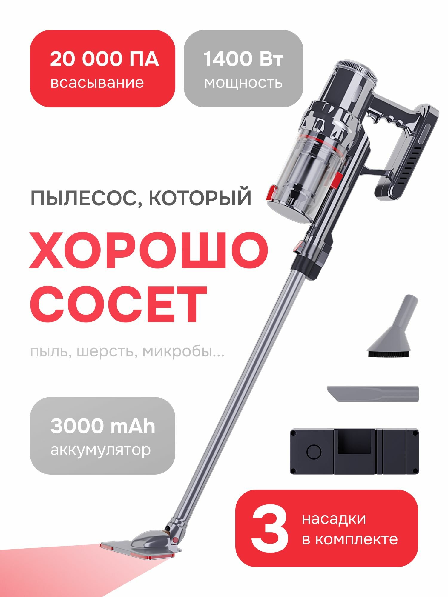 Пылесос вертикальный беспроводной моющий для дома PV6 Pro, Влажная и сухая уборка, LED-дисплей, Тихий режим, Мощность 20000 Па