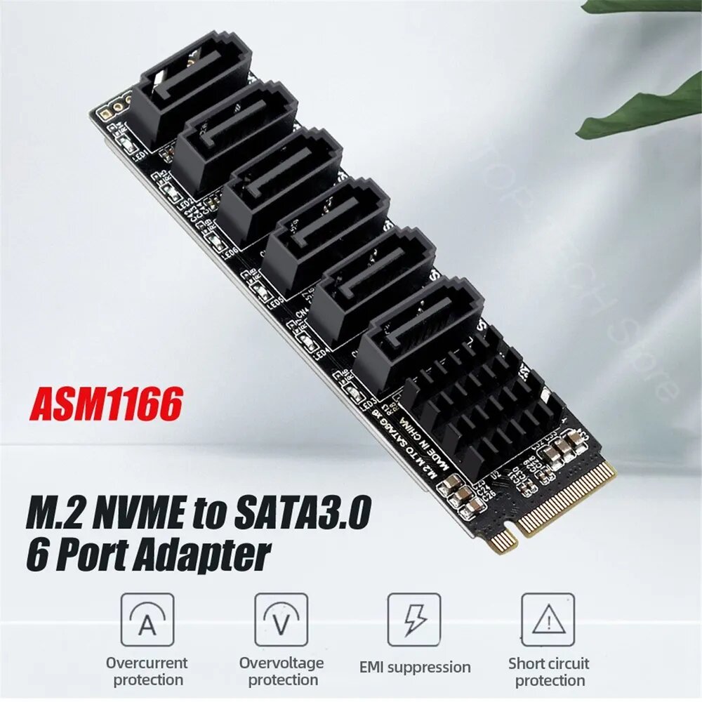 M.2 NVME to SATA3.0 6 Port Adapter ASM1166 Black Plastic Connector for Gaming Console