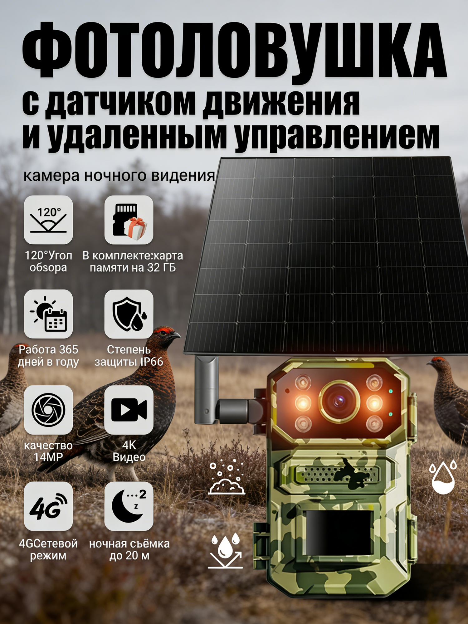 Фотоловушка, ночное видение, сим-карта, высокая четкость, водонепроницаемая, пылезащитная