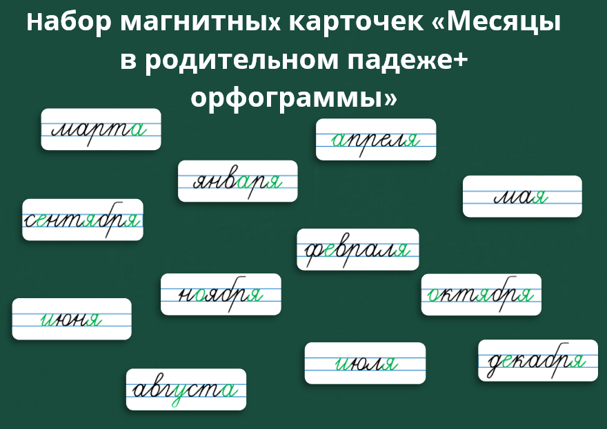 Набор магнитных карточек "Месяцы в родительном падеже+ орфограммы", ламинированная бумага, 12 шт
