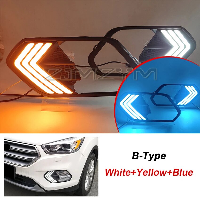 Светодиодные дневные ходовые огни для Ford Escape Kuga 2017 2018 2019, модифицированный передний бампер, противотуманная фара, белый DRL, плавный указатель поворота