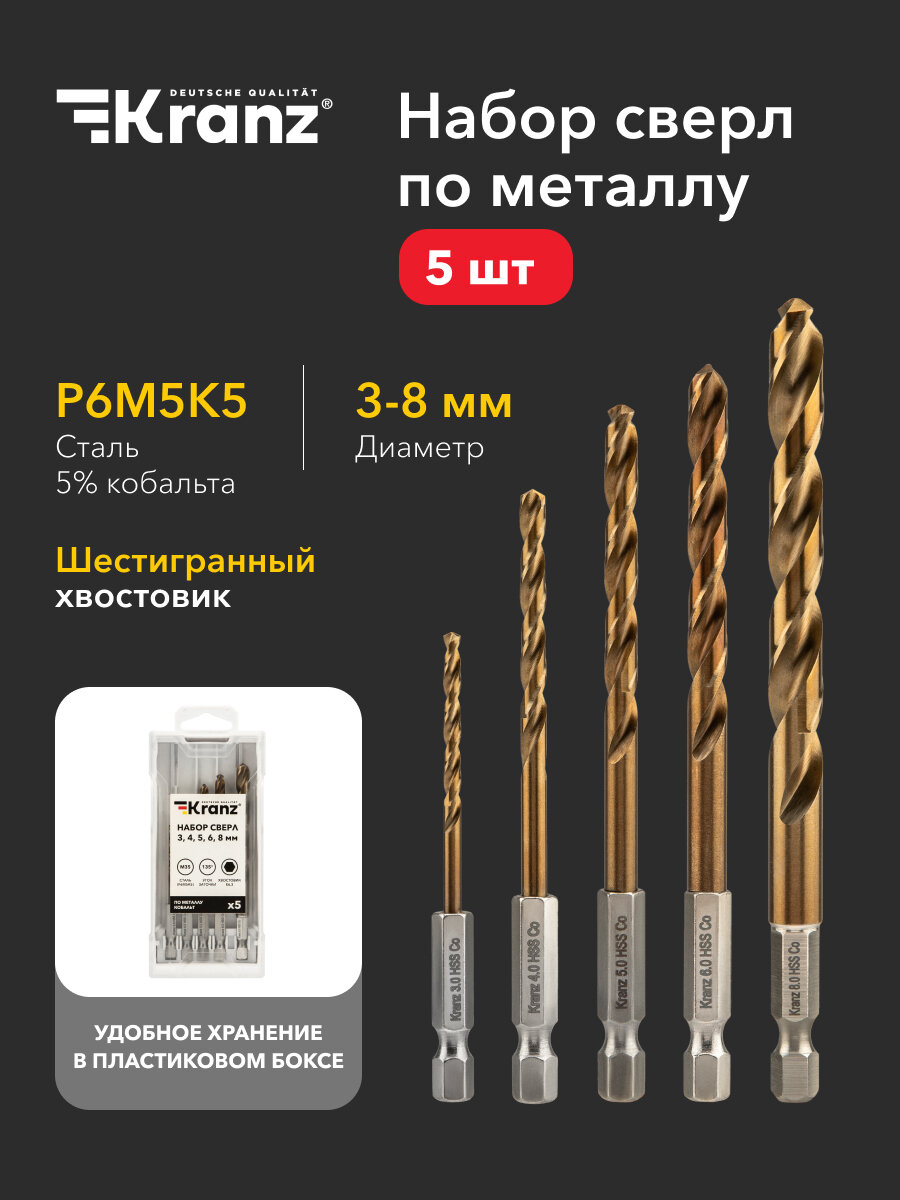 Сверла по металлу с шестигранным хвостовиком Кобальт набор 5 шт. 3-8 мм KRANZ