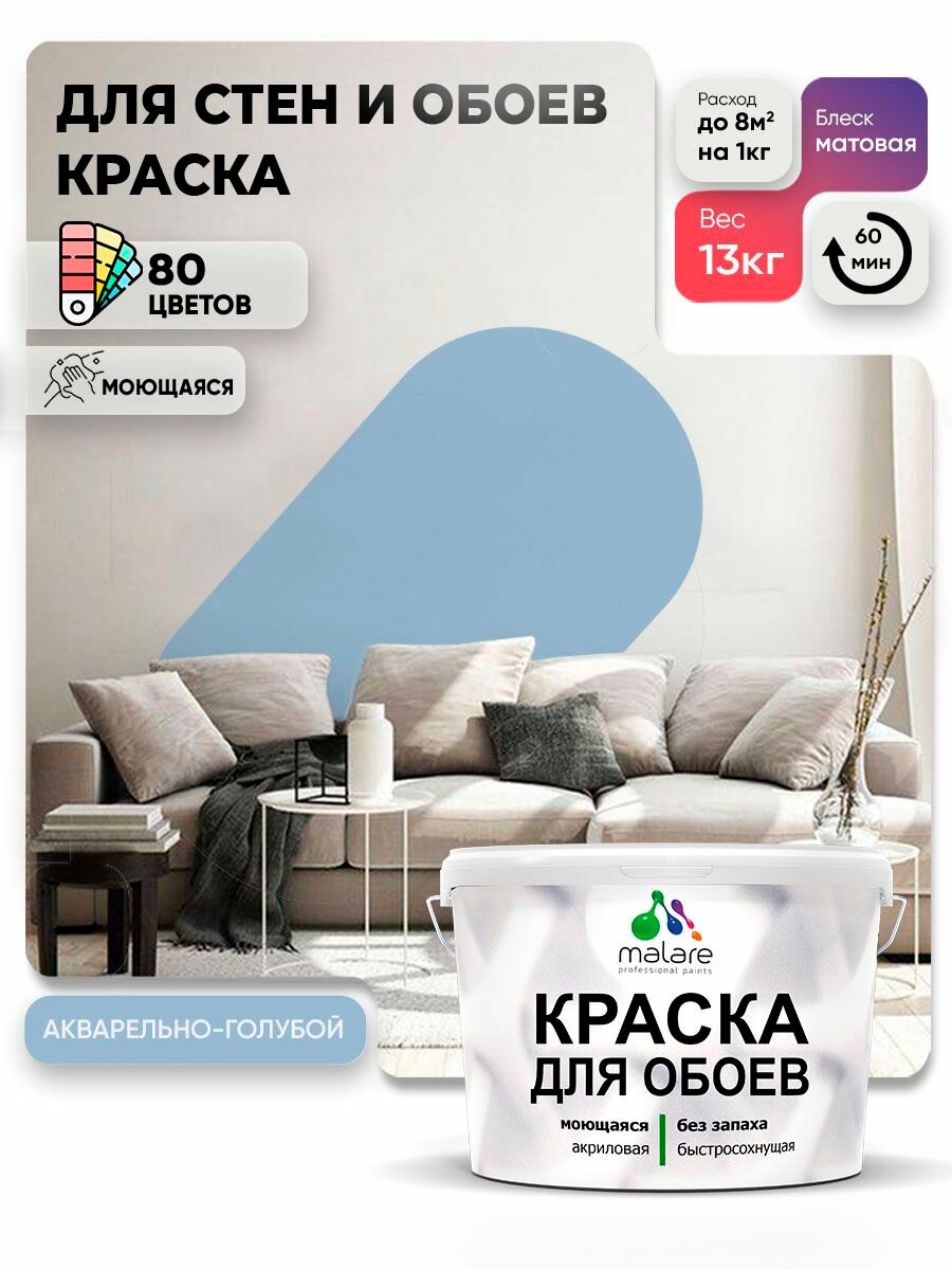 Краска Malare для стен и обоев, потолка и минеральных поверхностей, быстросохнущая моющаяся без запаха матовая, акварельно-голубой, (9л - 13кг)