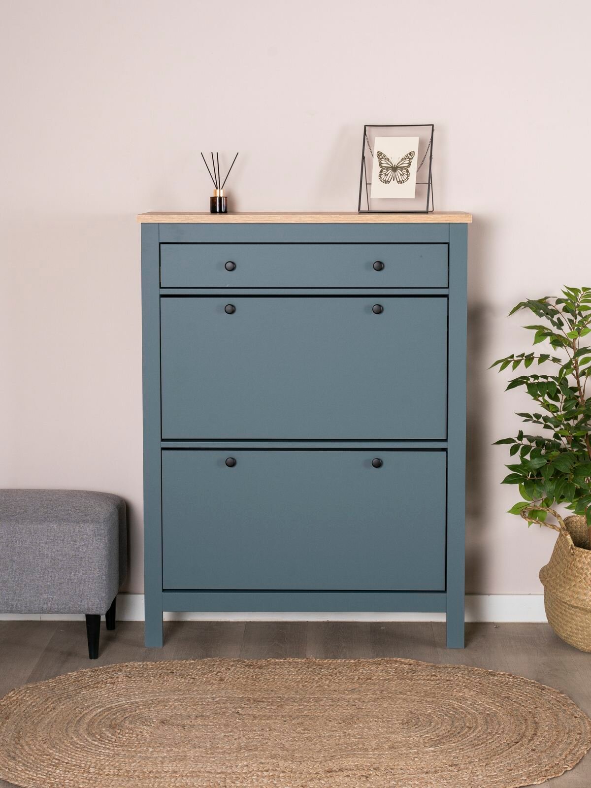 Обувница Сага с 2 откидными ящиками 92х122 темно-бирюзовая-ясень, ГУД лакк