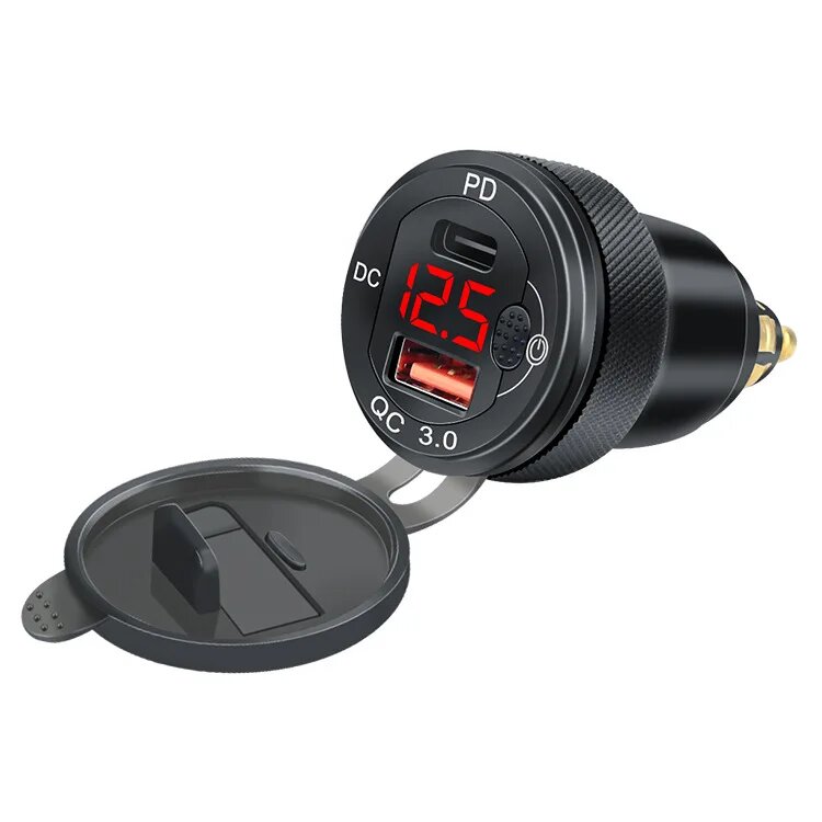 Автомобильное зарядное устройство для мотоцикла, двойной USB C QC3.0, быстрая Черный, PD QC3.0 Red