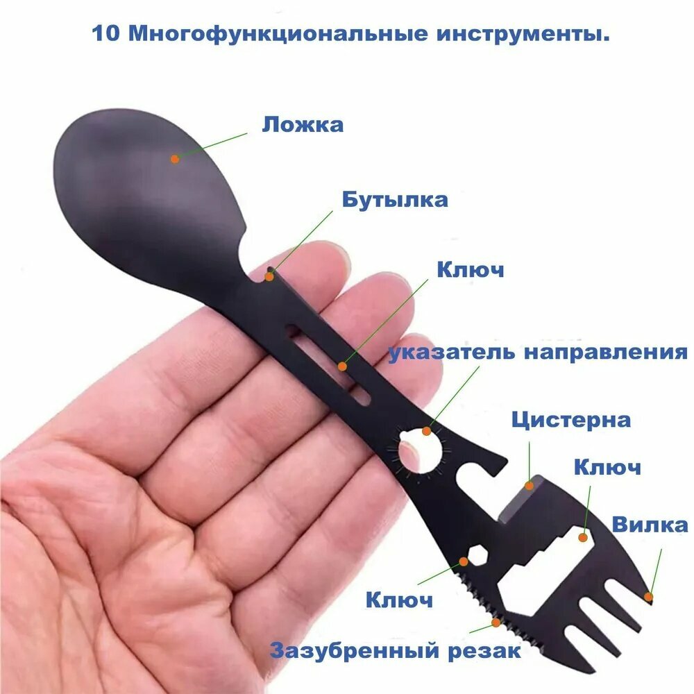 Вилка-ложка туристическая "9 в 1", многофункциональный мультитул, черный
