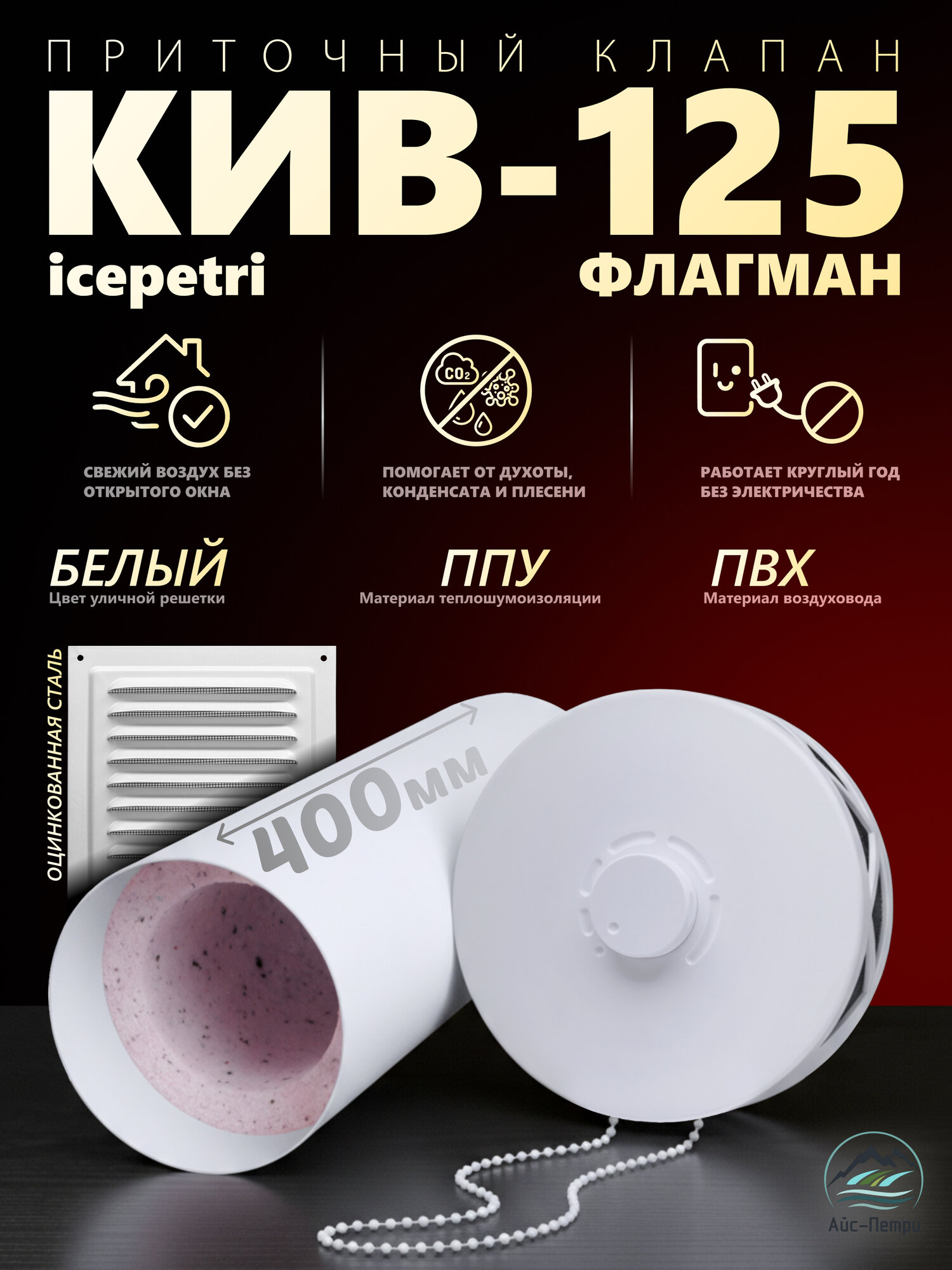 Приточный клапан КИВ-125 Флагман 400 ПВХ квадрат. реш. белый