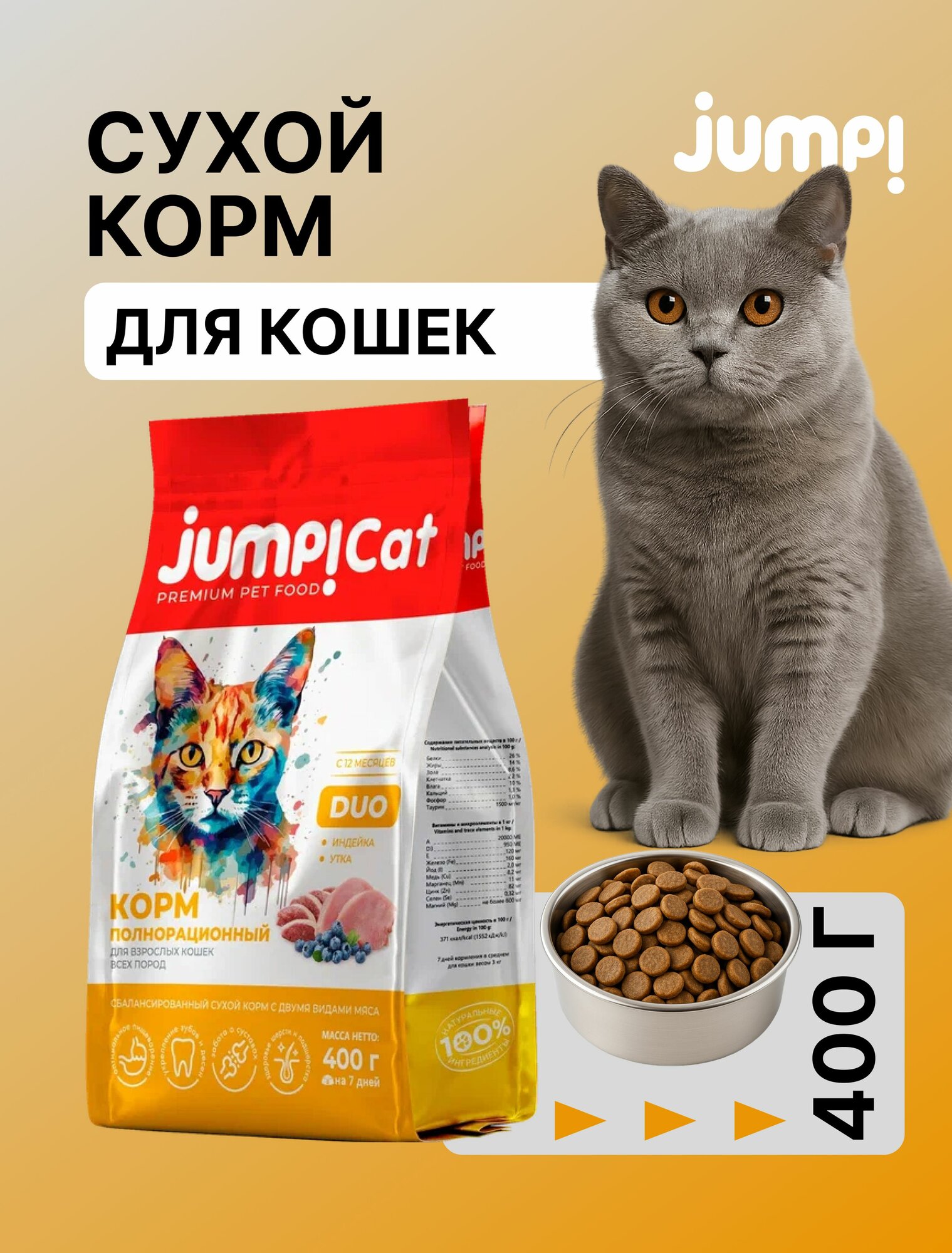 Сухой корм для кошек JUMP CAT DUO джамп со вкусом индейки и утки 400 г