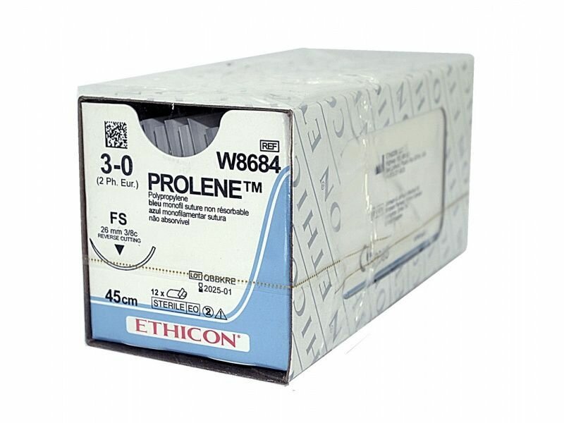 Шовный материал W8684 Ethicon Prolene Пролен 3/0, 45 см, обр.-реж. 26 мм, 3/8 (12шт.)